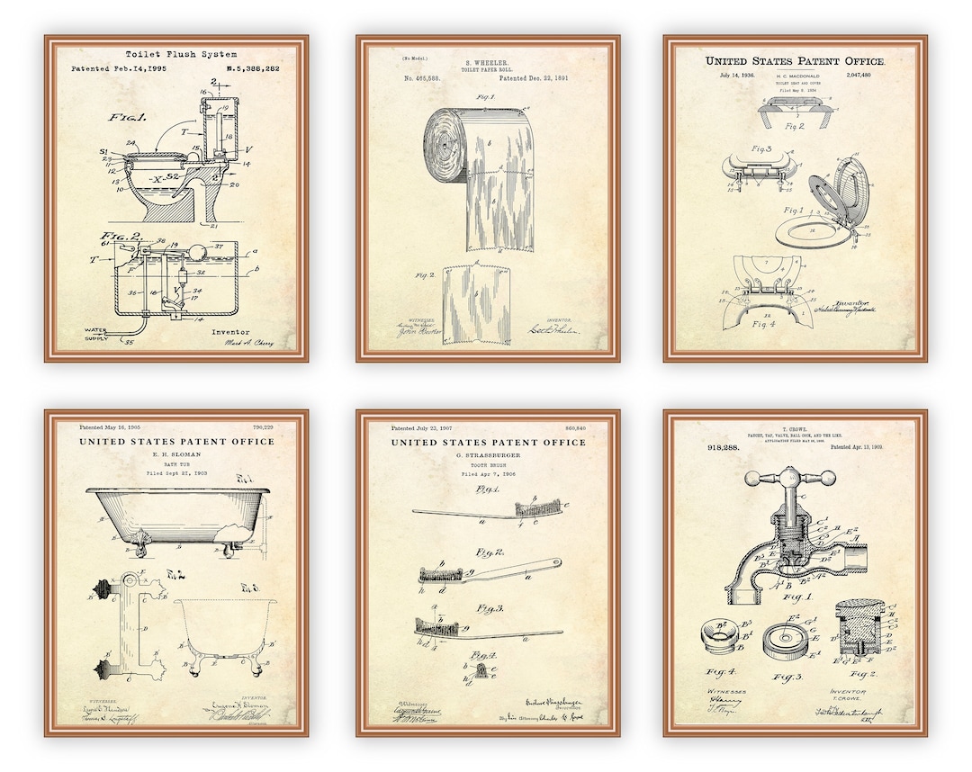 Bathroom Patents Prints, Blueprint Wall Art. Toilet Vintage Decor. Set ...