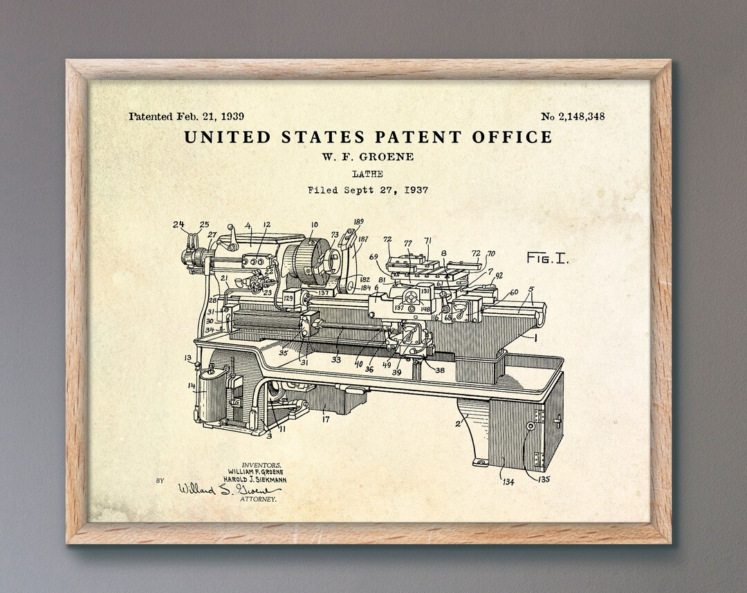 Lathe Patent Print. Blueprint Poster. Vintage Machine Tools Inventions ...
