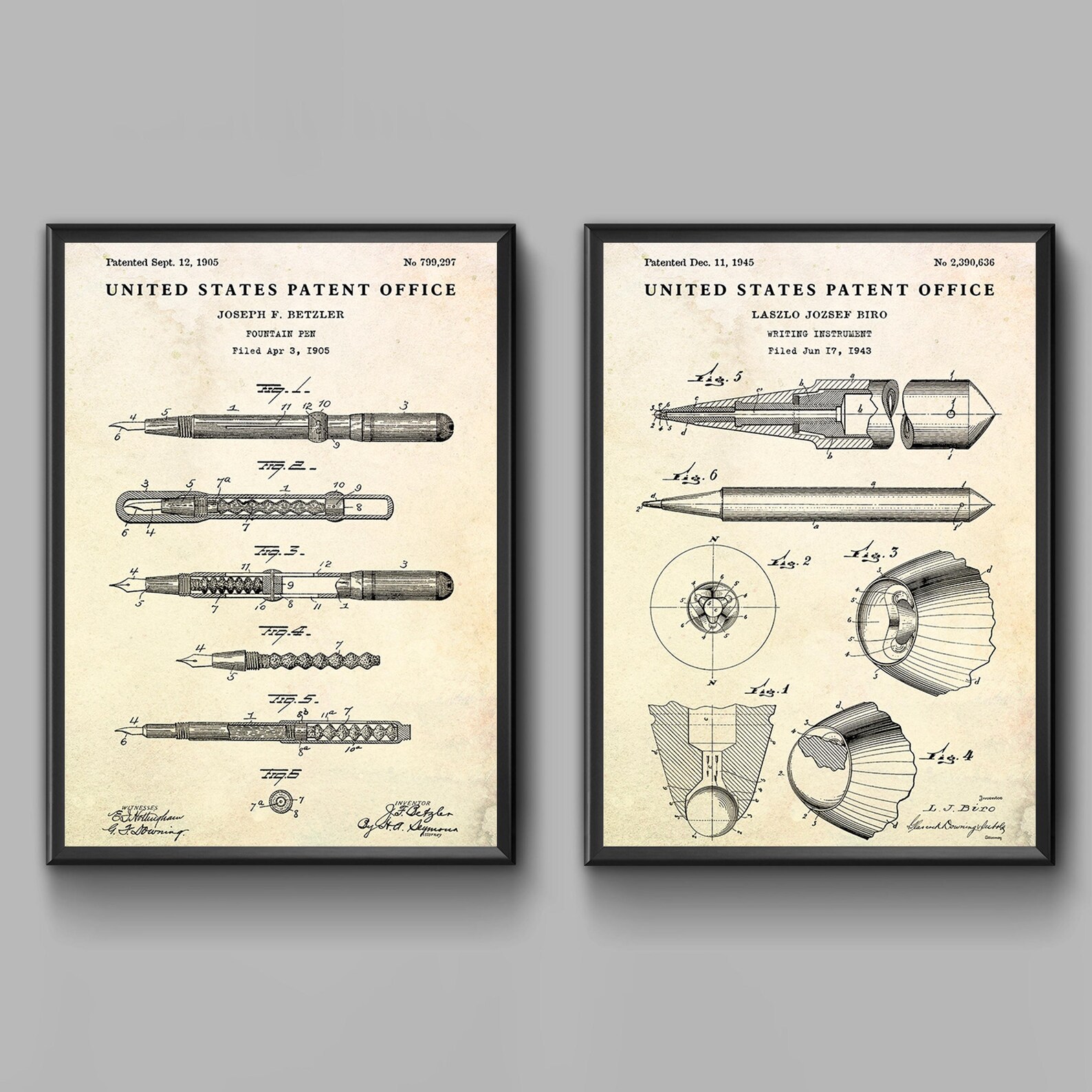 Fountain Pen & Ballpoint Pen Patent Wall Art. Writing Tools Blueprint ...