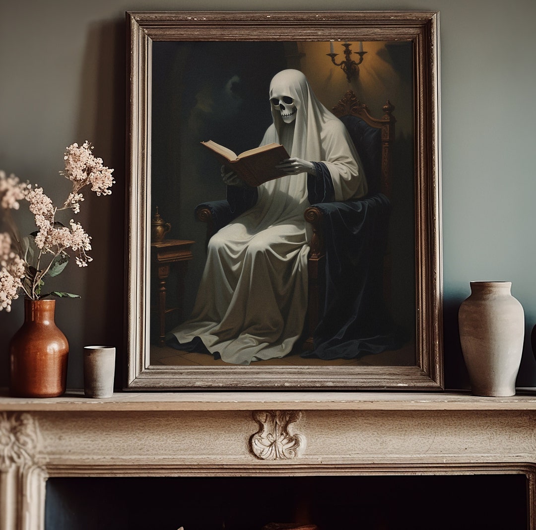 Ghost Reading a Book, Dark Academia, Ghost Decor, Spooky Wall Art ...