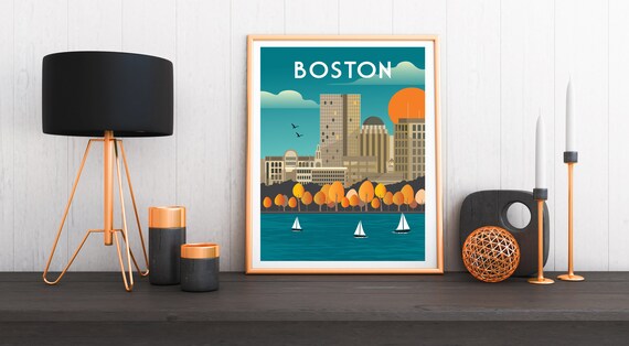 Boston travel poster retro Boston print Boston wall art | Etsy