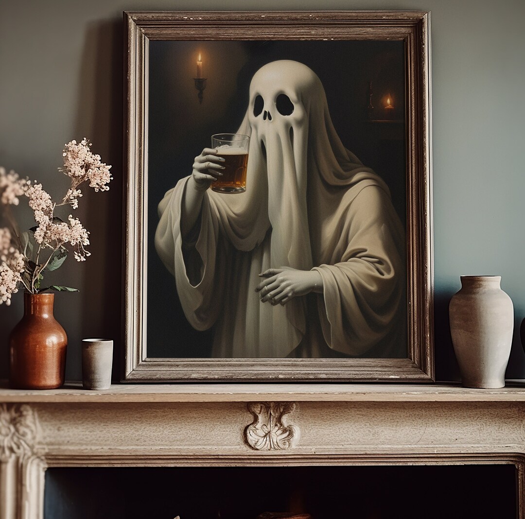 Ghost Drinking Beer, Dark Academia, Ghost Decor, Spooky Wall Art, Dark ...