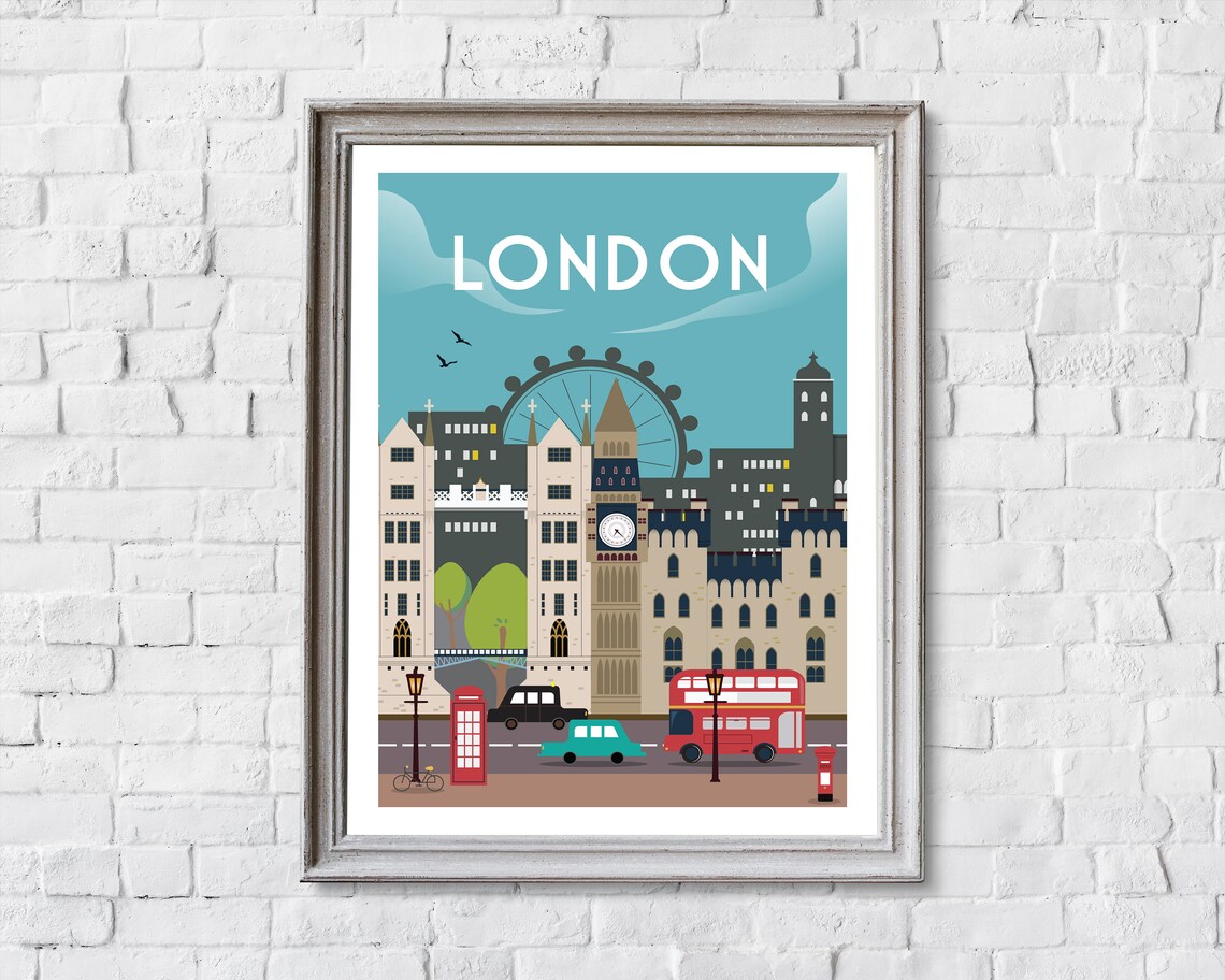 Retro London Travel Poster: Flat Bright Wall Art - Etsy UK
