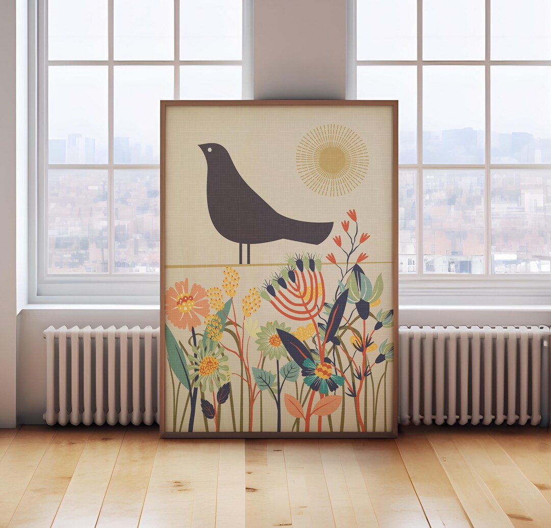 Scandi Bird Print: Modern Nordic Folk Art With Flowers - Etsy