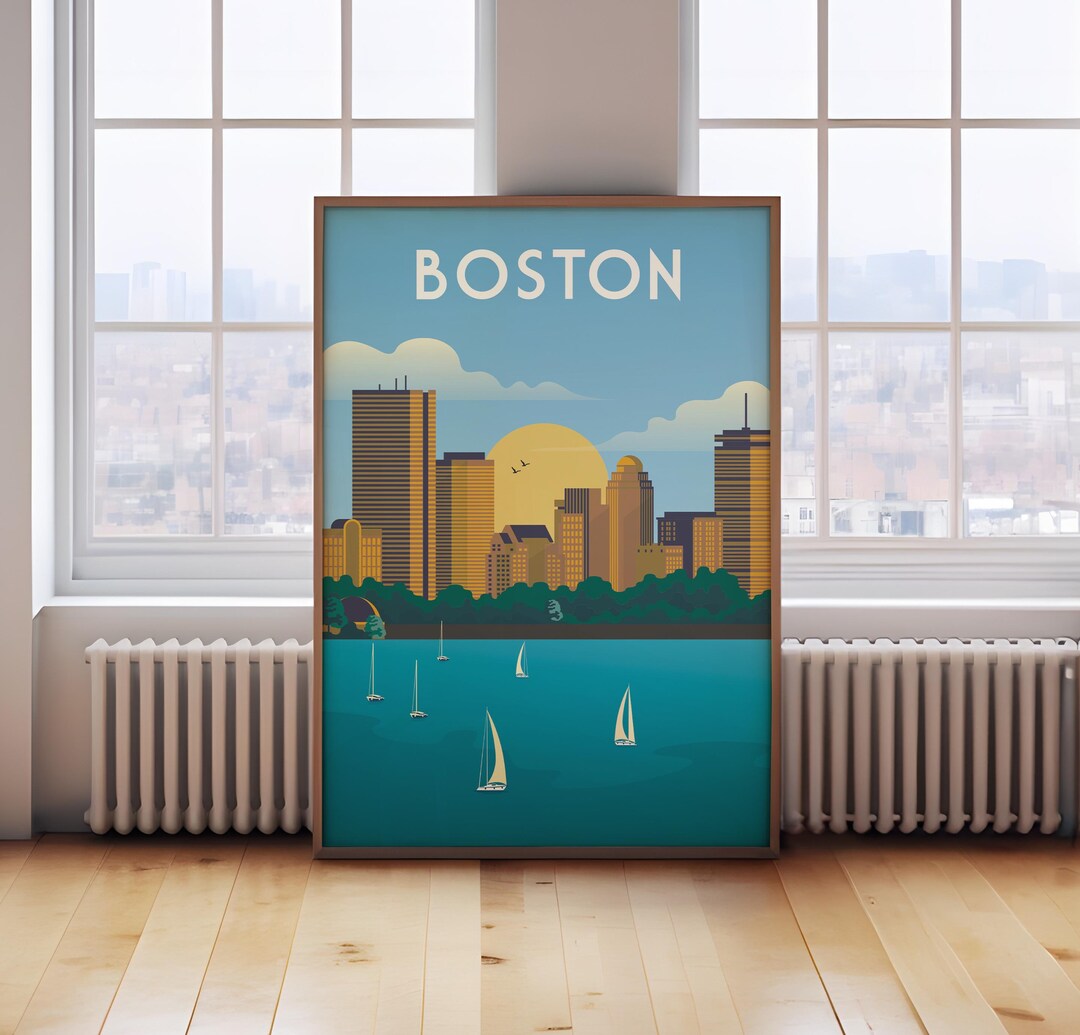 Retro Boston Travel Poster: Flat Design Wall Art - Etsy