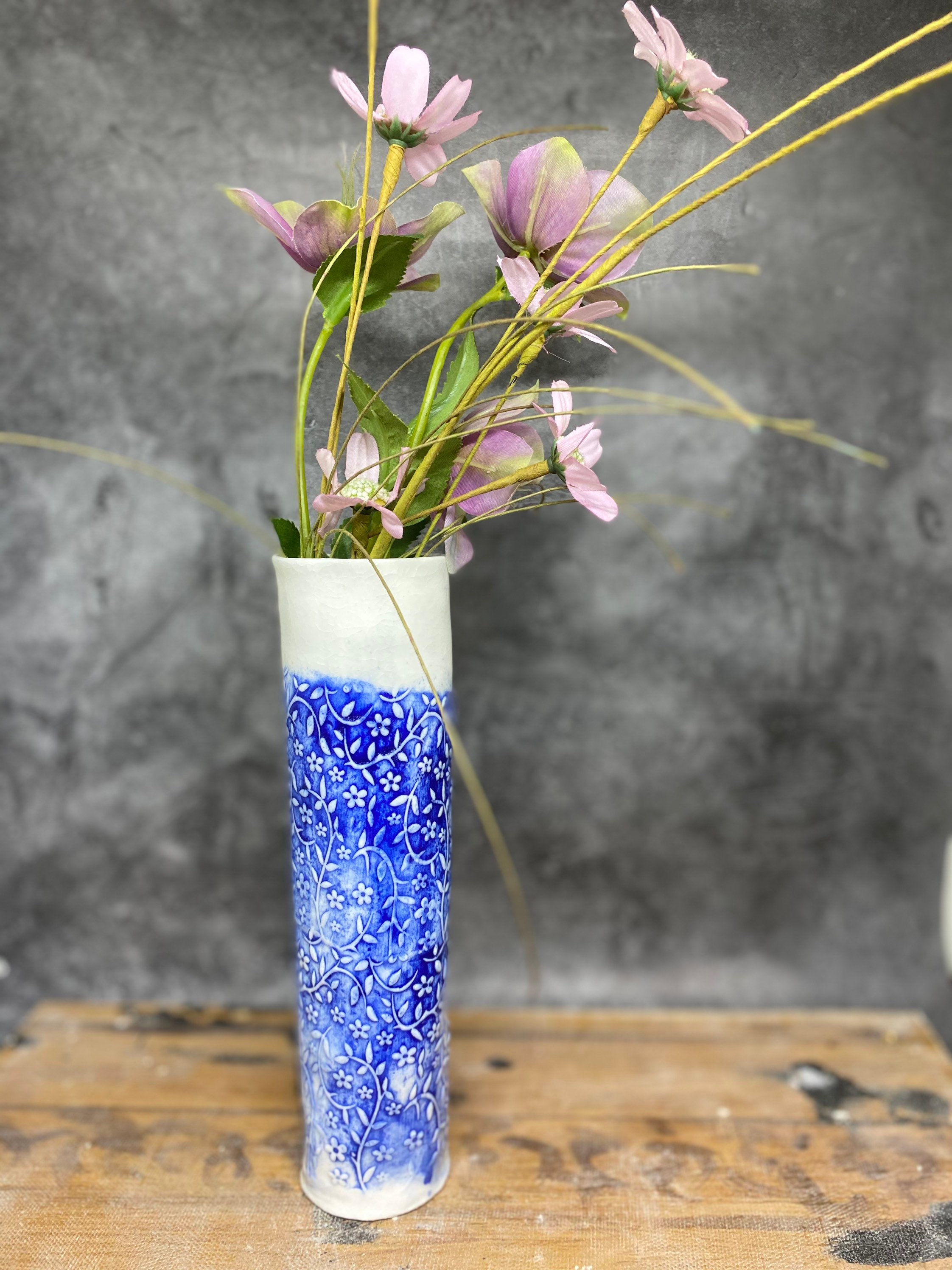 Tall Slim Stem Vase. Handmade Ceramic. Blue Floral Pattern - Etsy UK