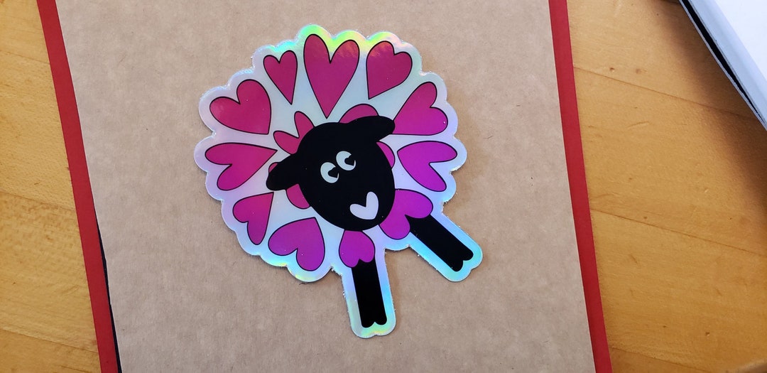 Heart Sheep Sticker - Pink and Black Sheep on a Silver Holographic ...