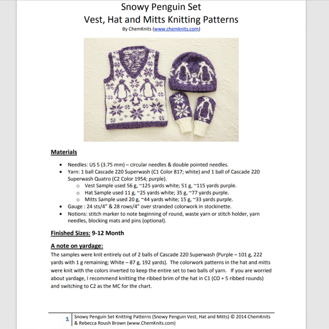 PDF Snowy Penguin Set Knitting Patterns - Infant Vest, Hat, and Mitts ...