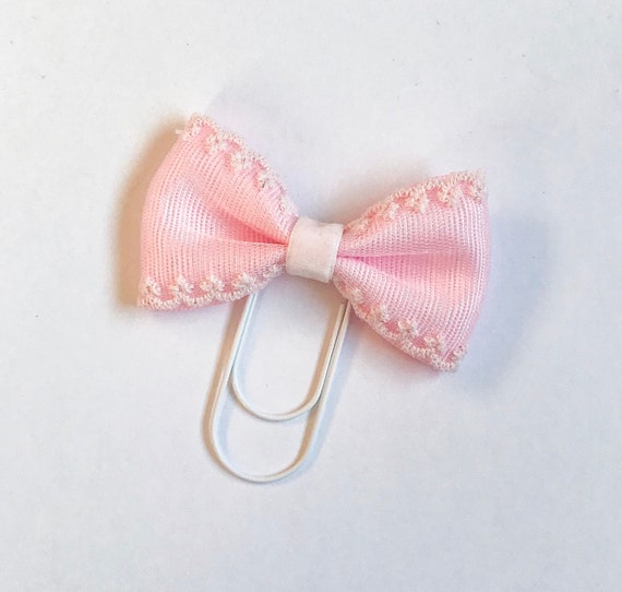 Baby pink ribbon layered lace and velvet bow paper clip handmade ribbon bow paper clip planner accessories wide paper clip
