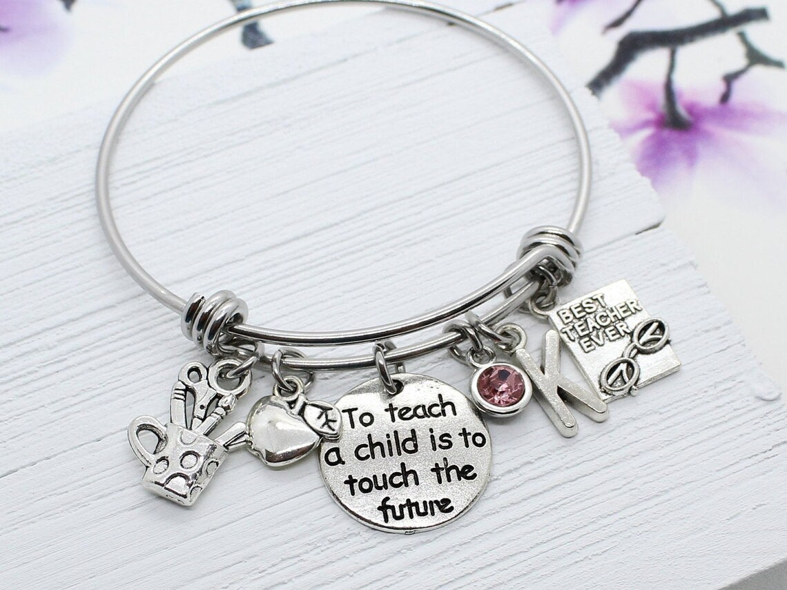 Personalized Teacher Bracelet Teacher Charm Bangle Bracelet | Etsy