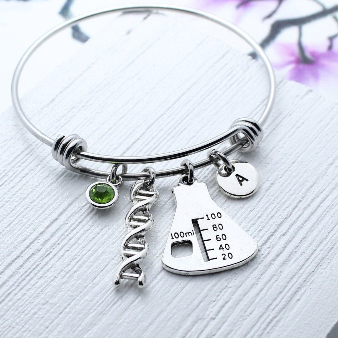 Personalized DNA Charm Bangle Bracelet, Beaker Charm Bracelet ...