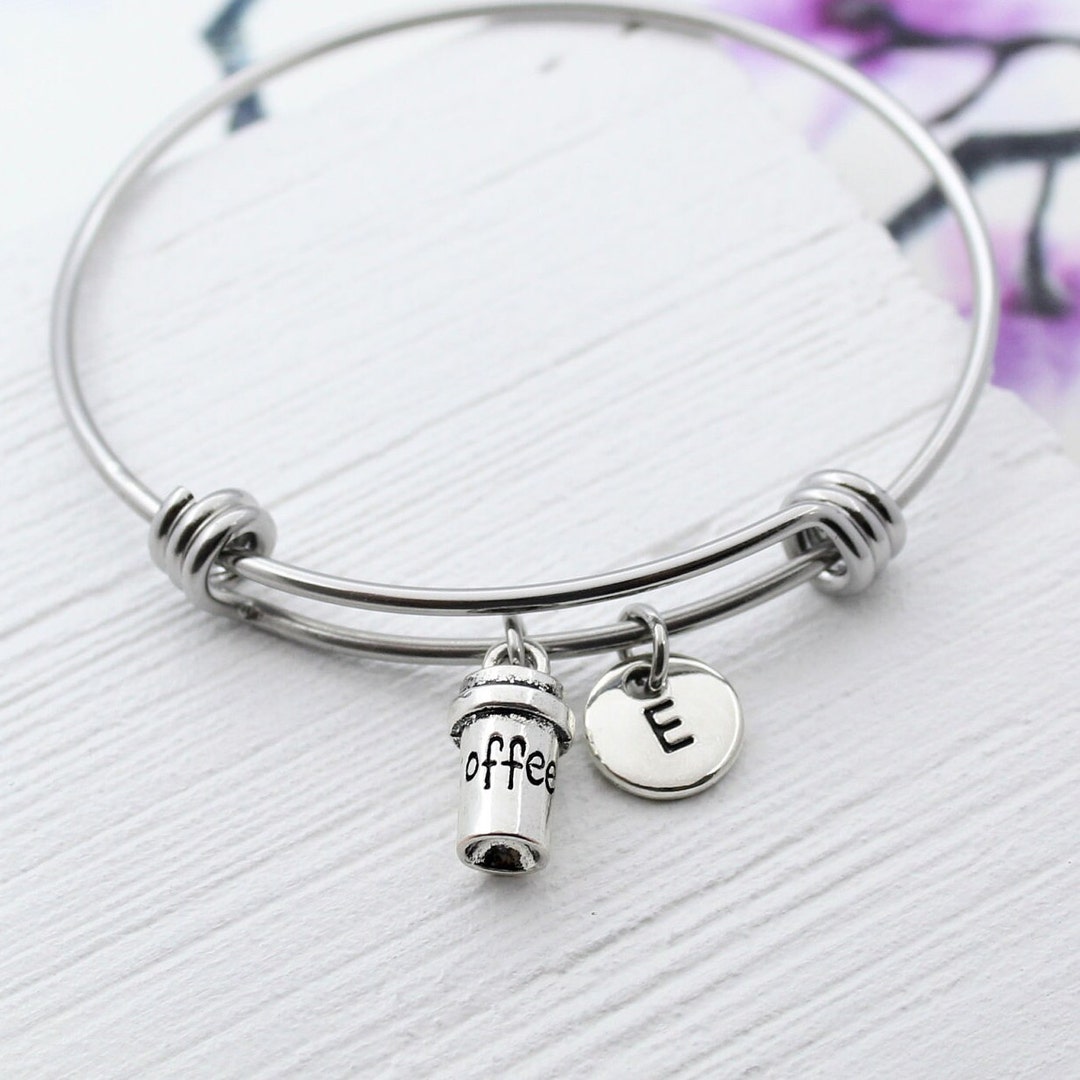 Personalized Latte Coffee Bracelet, Coffee Charm Bangle Bracelet ...