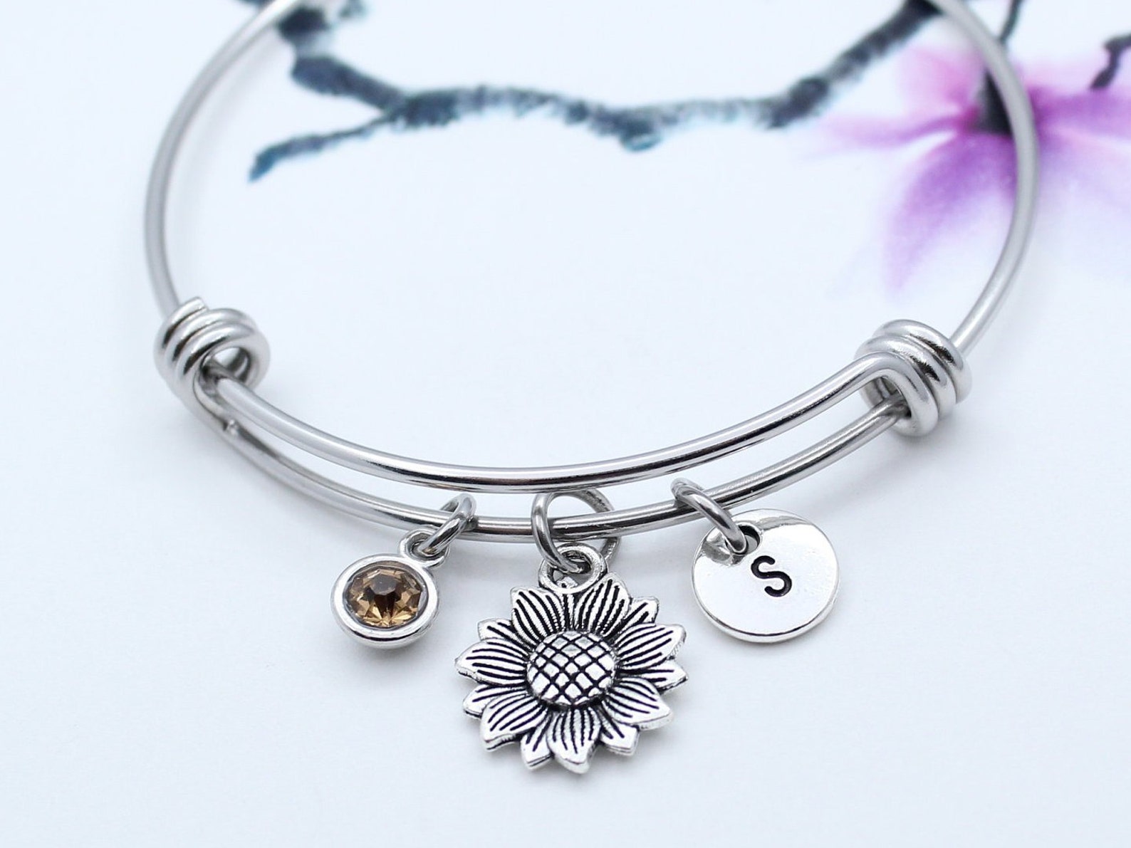 Sunflower Bracelet Personalized Sunflower Charm Bangle - Etsy