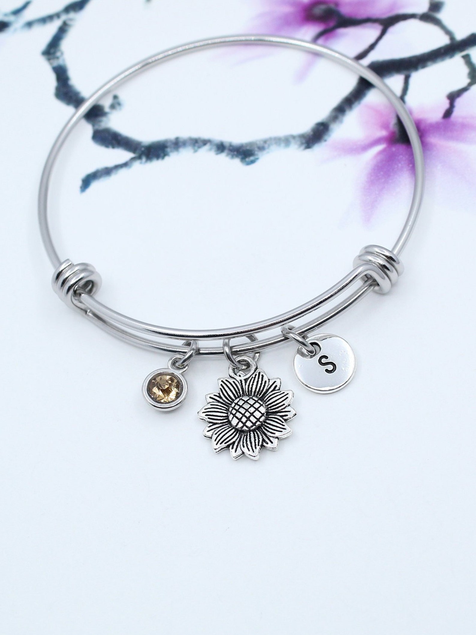 Sunflower Bracelet Personalized Sunflower Charm Bangle - Etsy
