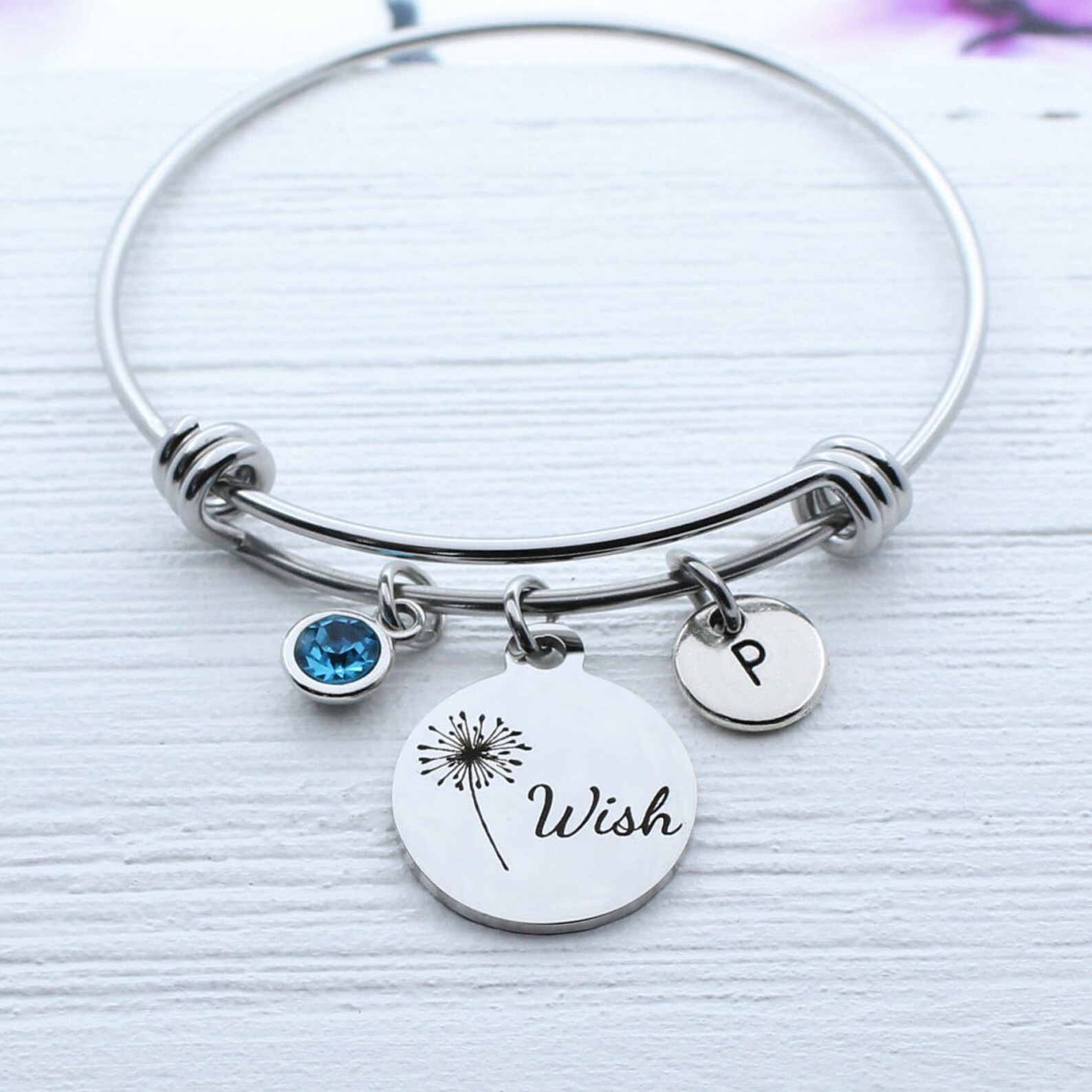 Wish Charm Bangle Bracelet, Personalized Wish Charm Jewelry, Wish Charm ...