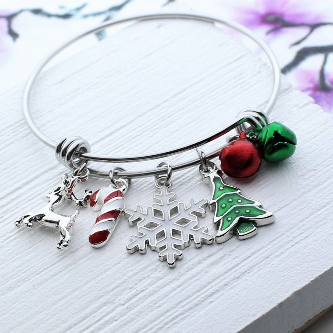 Christmas Gift, Christmas Charm Bangle Bracelet, Christmas Jewelry ...
