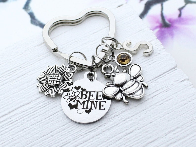 Personalized Bee Mine Bumble Bee Charm Keychain, Bee Mine Sunflower ...