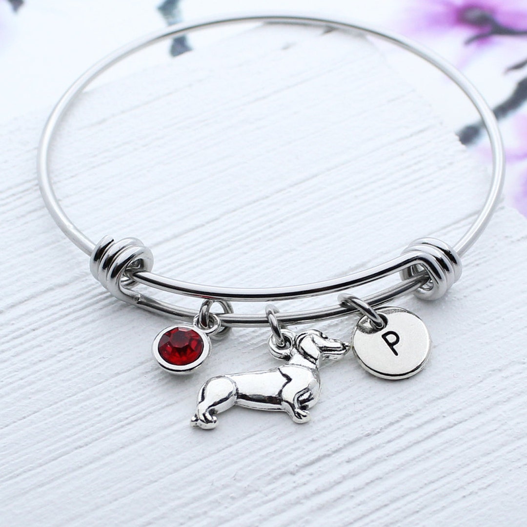 Dog Bracelet, Personalized Dog Charm Bangle Bracelet, Dachshund Jewelry ...