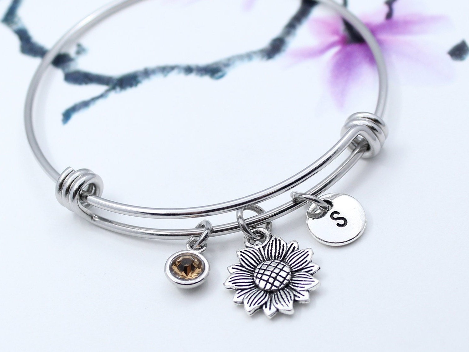 Sunflower Bracelet Personalized Sunflower Charm Bangle - Etsy