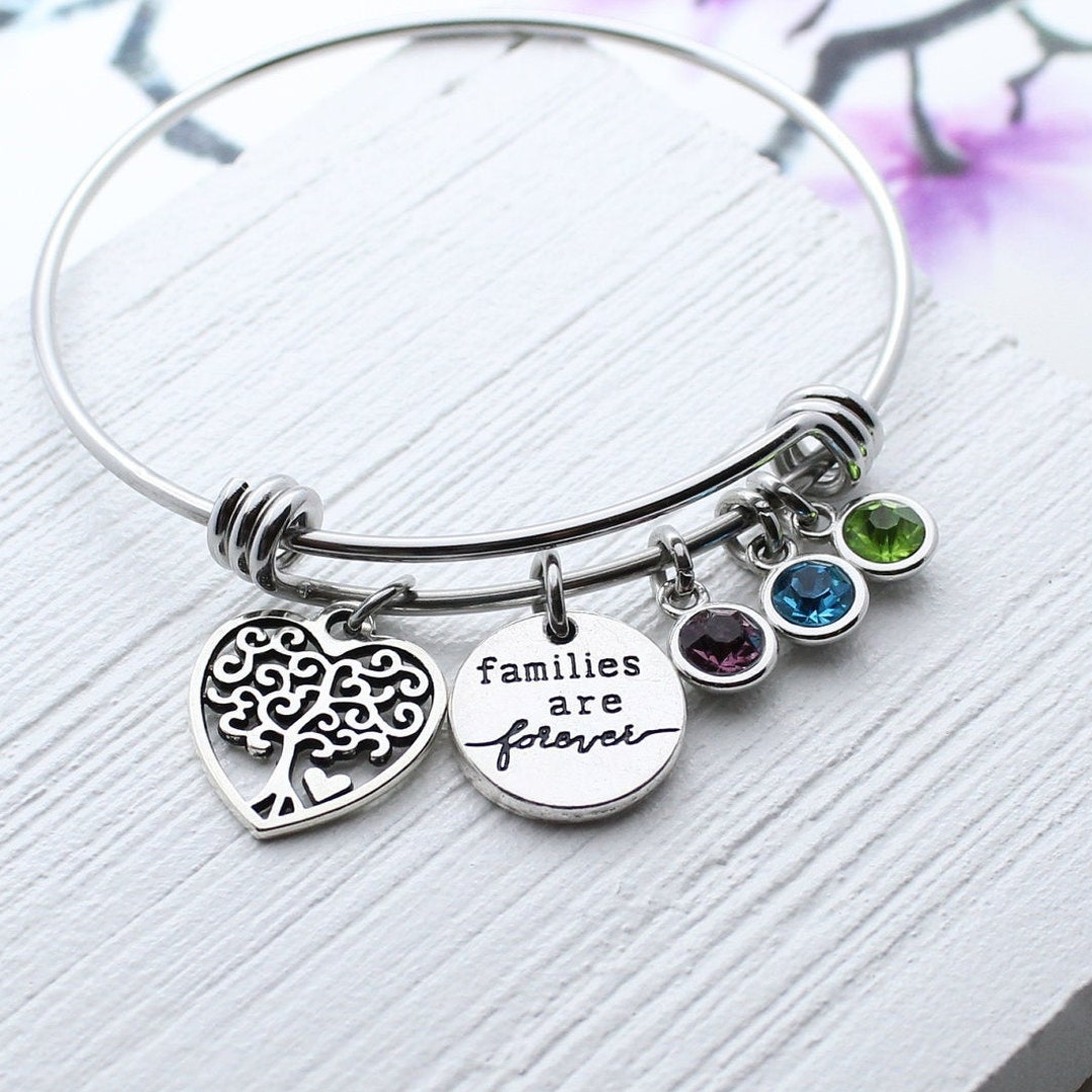 Family Tree Birthstone Bracelet, Personalized Grandma Mom Charm Bangle ...