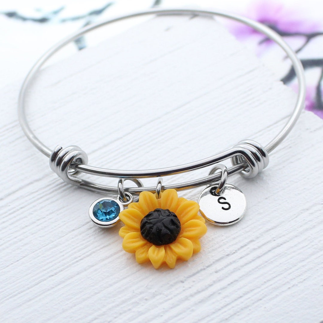 Resin Sunflower Charm, Personalized Daisy Charm Bangle Bracelet, Sun ...