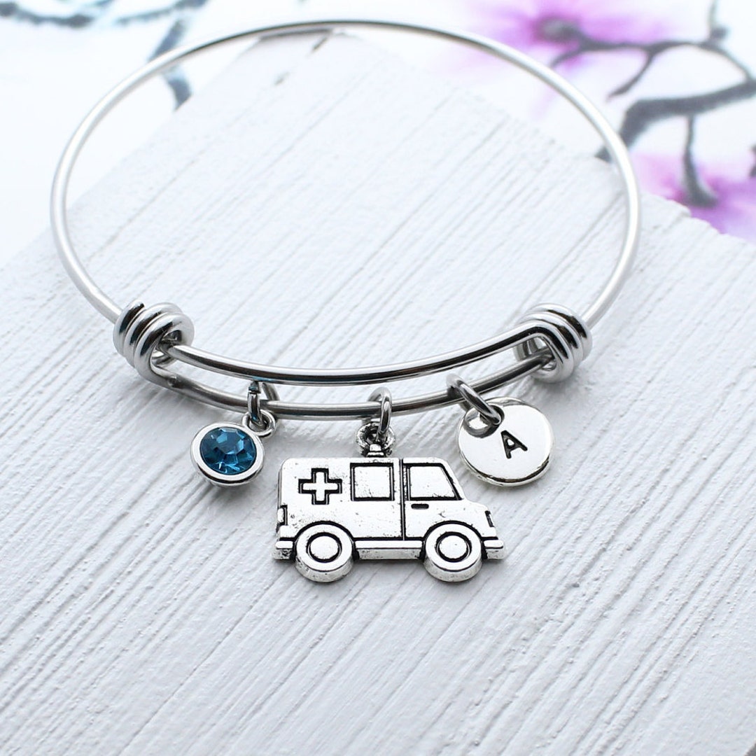 Personalized EMT Charm Bangle Bracelet, Ambulance Charm Jewelry ...