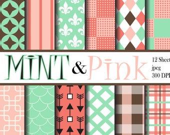Pink and Mint Green Floral Digital Paper Pack. Pink Mint Patterns. Baby ...