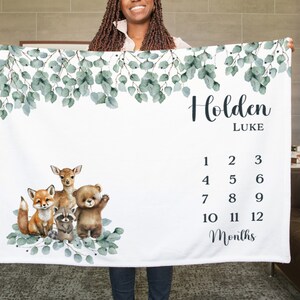 Personalized Woodland Animal Baby Name Custom Age Milestone Blanket ...