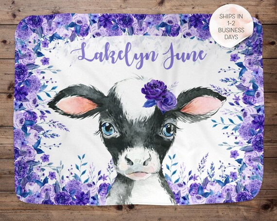 Customized Purple Floral Cow Baby Name Blanket Name Baby - Etsy