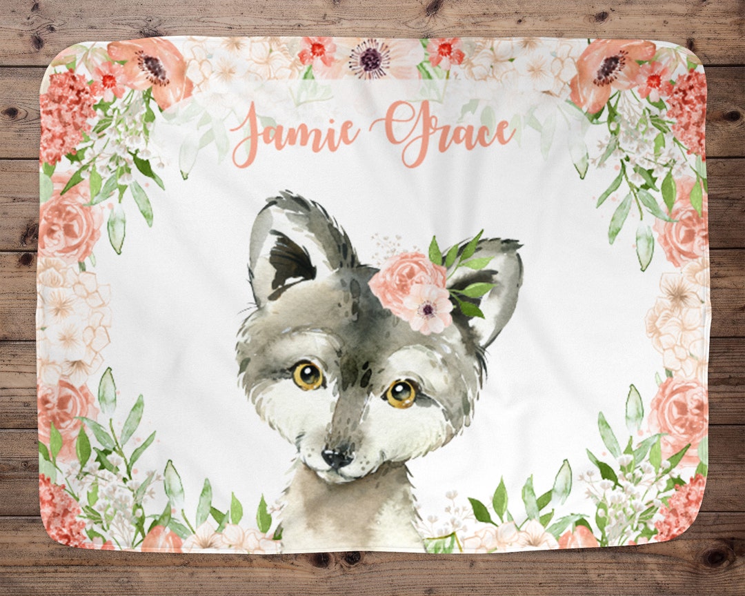 Wolf Personalized Baby Girl Blanket, Baby Blanket, Name Baby Blanket ...
