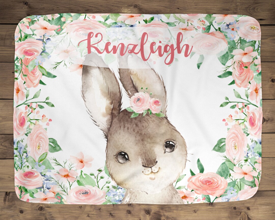 Personalized Pink Flower Bunny Rabbit Name Baby Girl Blanket, Baby ...