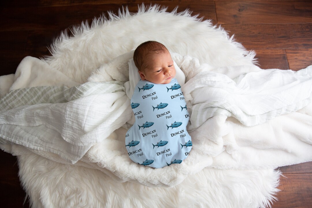 Personalized Blue Fish Baby Boy Fisherman Swaddle Blanket Gift Idea ...