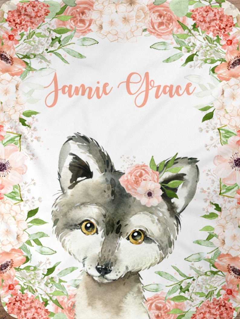 Wolf Personalized Baby Girl Blanket, Baby Blanket, Name Baby Blanket ...