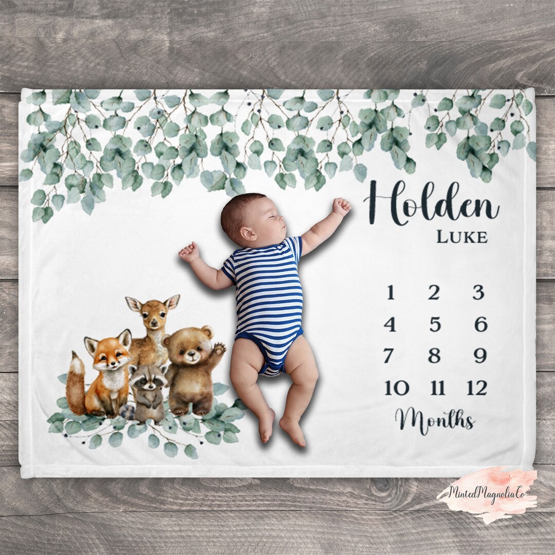 Personalized Woodland Animal Baby Name Custom Age Milestone Blanket ...