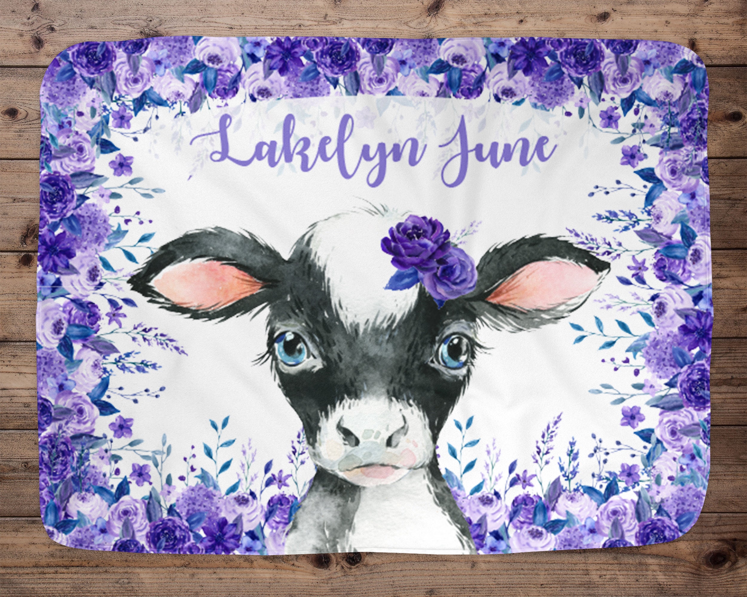 Customized Purple Floral Cow Baby Name Blanket Name Baby | Etsy