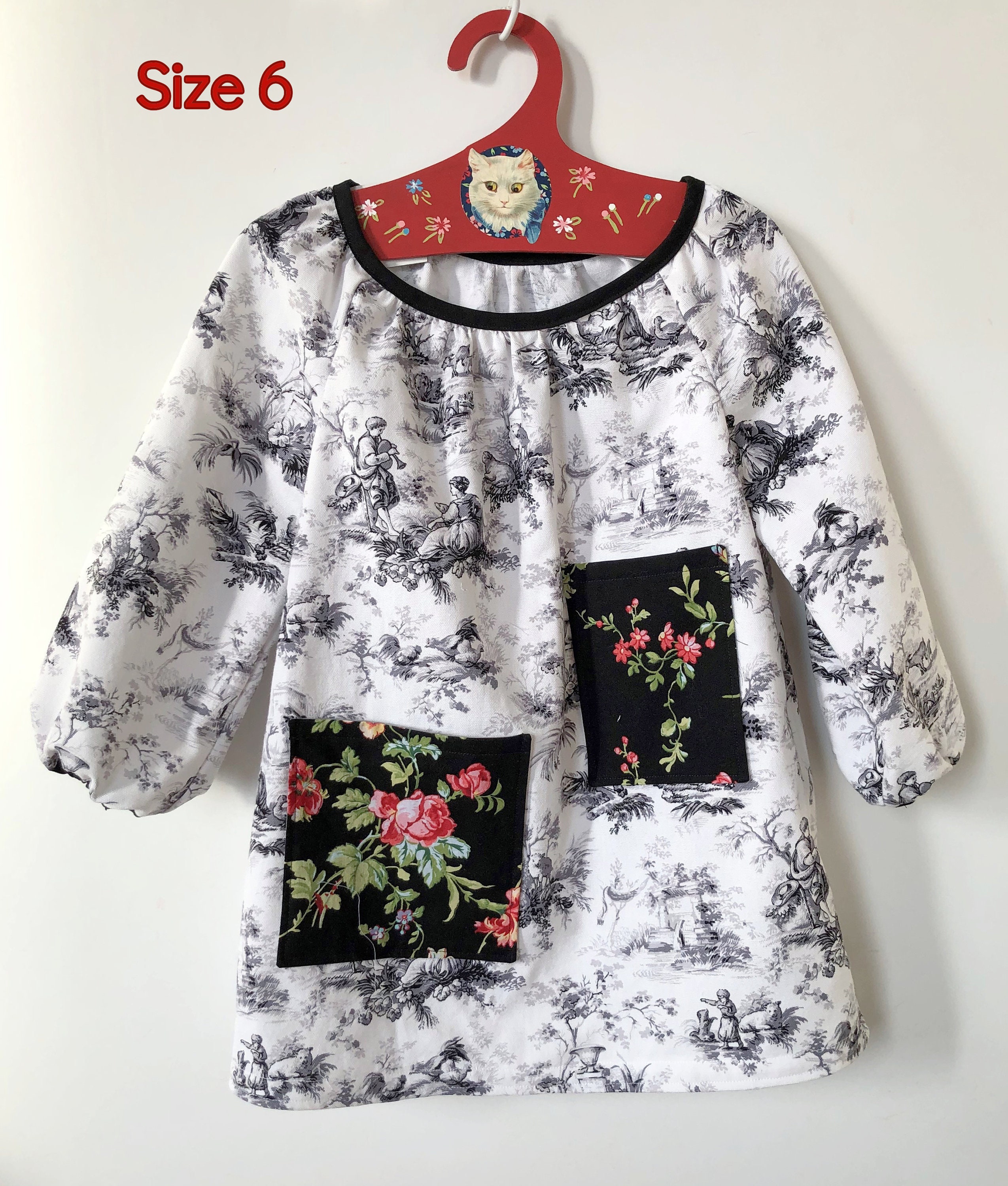 Black and White Toile Peasant Smock or Artist Smock With Contrasting ...