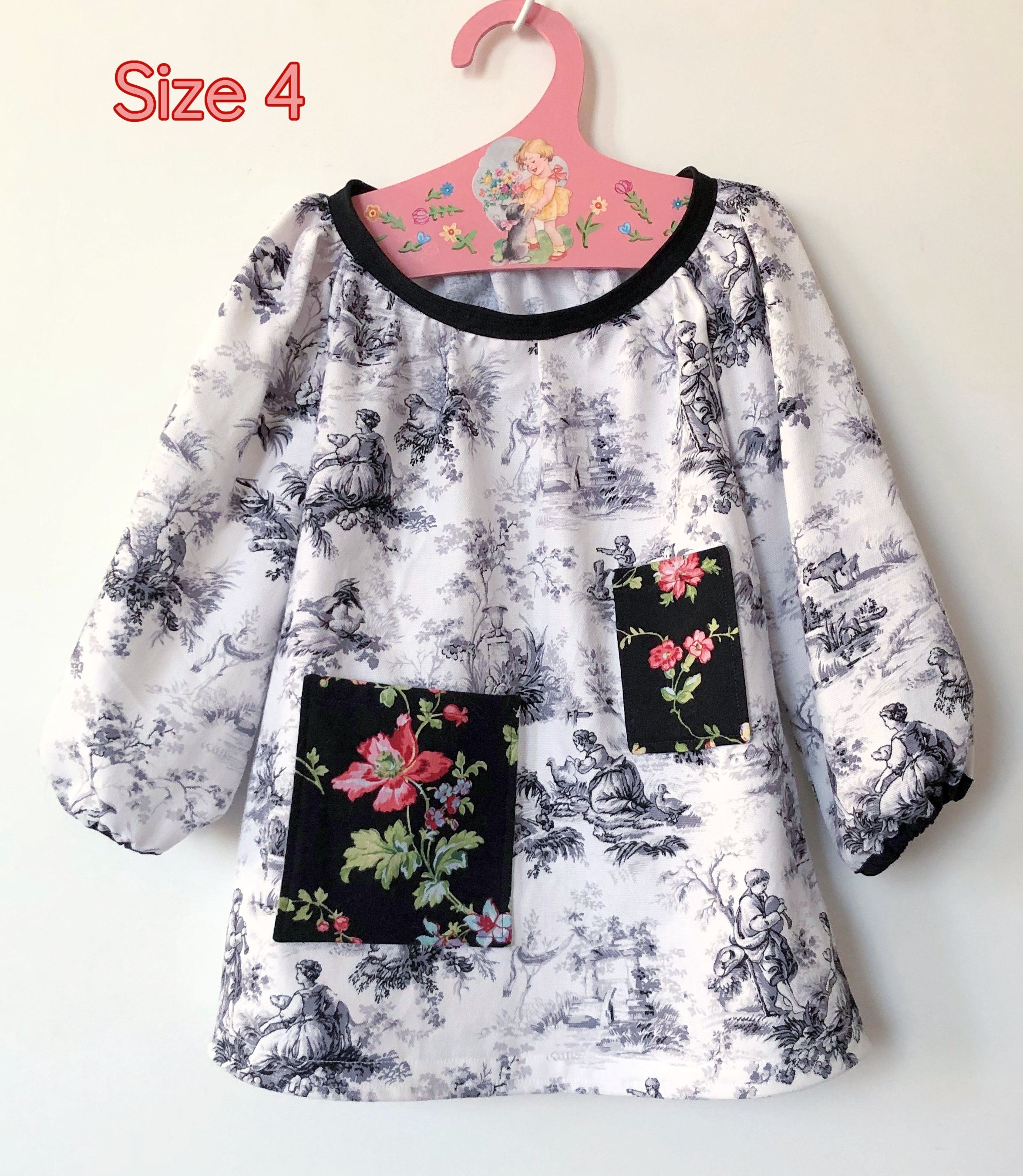 Black and White Toile Peasant Smock or Artist Smock With Contrasting ...