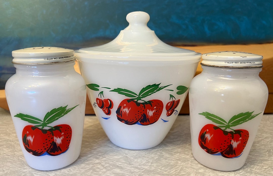 Vintage Fire King Apples and Cherries Grease Jar and Rare Salt and ...
