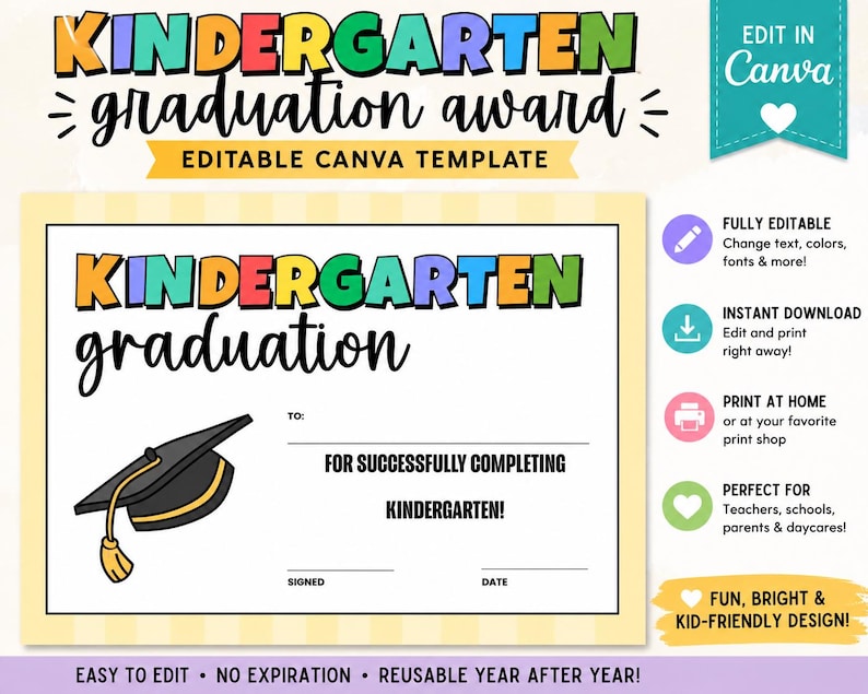 Kindergarten Graduation Certificate Template | Editable Canva Diploma ...