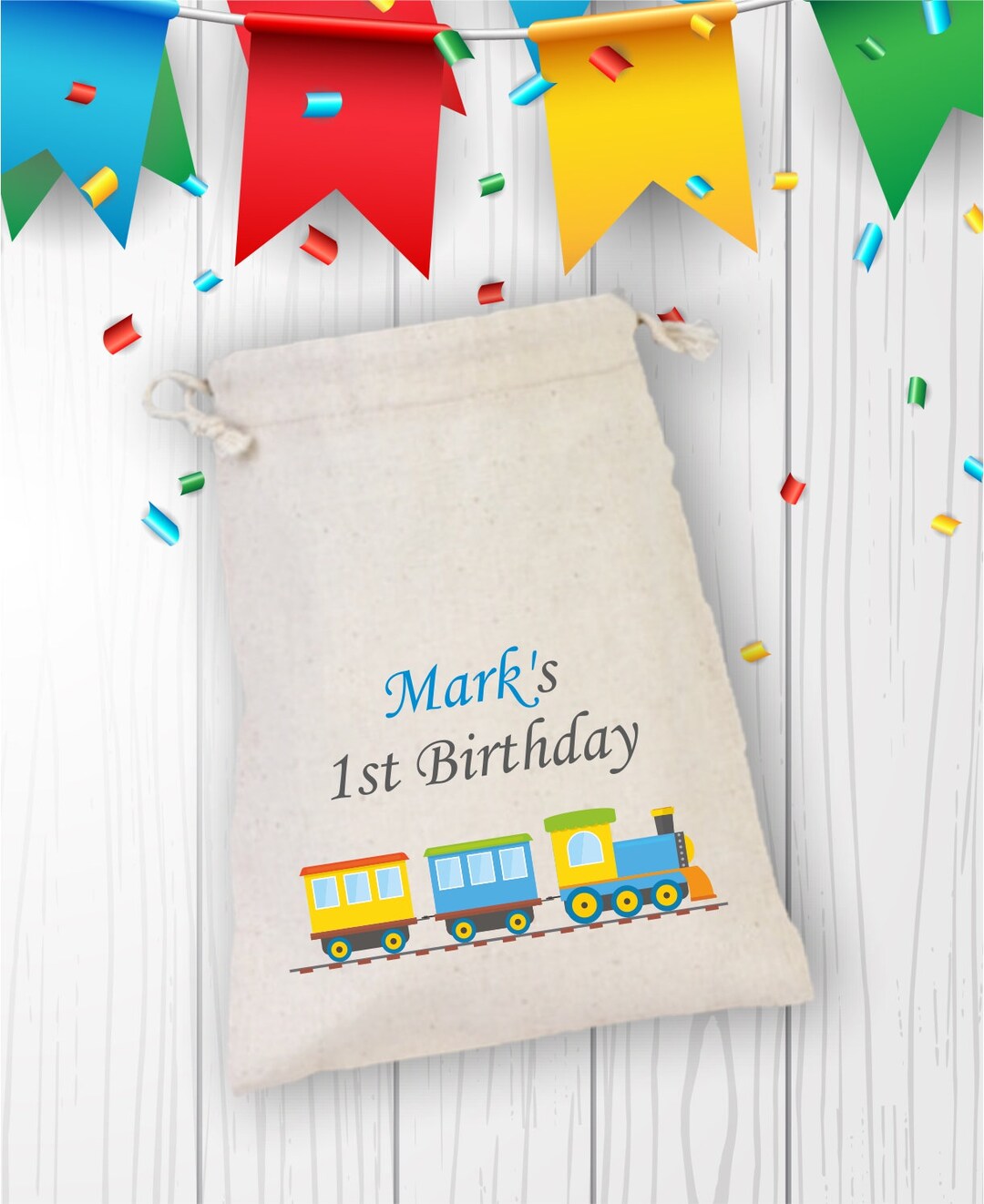 Personalized Birthday Bag With Colorful Train, Cotton Bags Drawstring ...