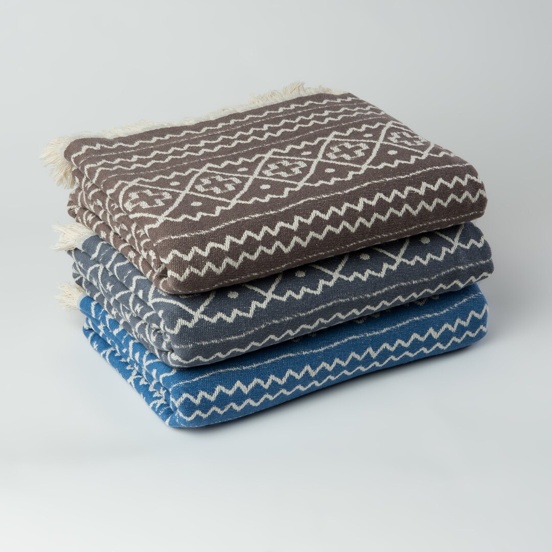 Geometric Turkish Cotton Throw Blanket: Brushed Cotton, Graphic Motif ...