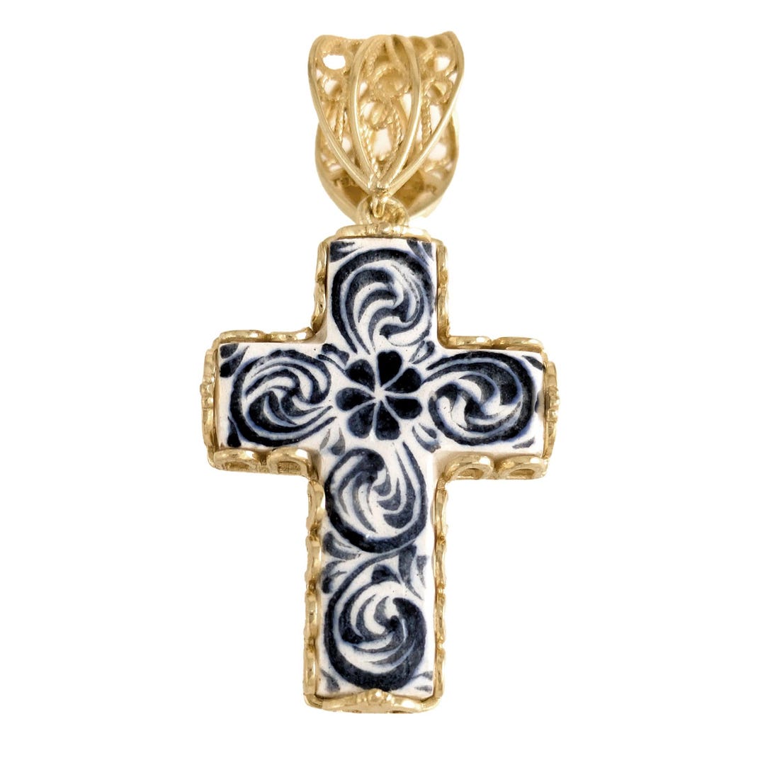 Blue Ceramic Cross Pendant – Filigree Gold Bail, Elegant Religious ...