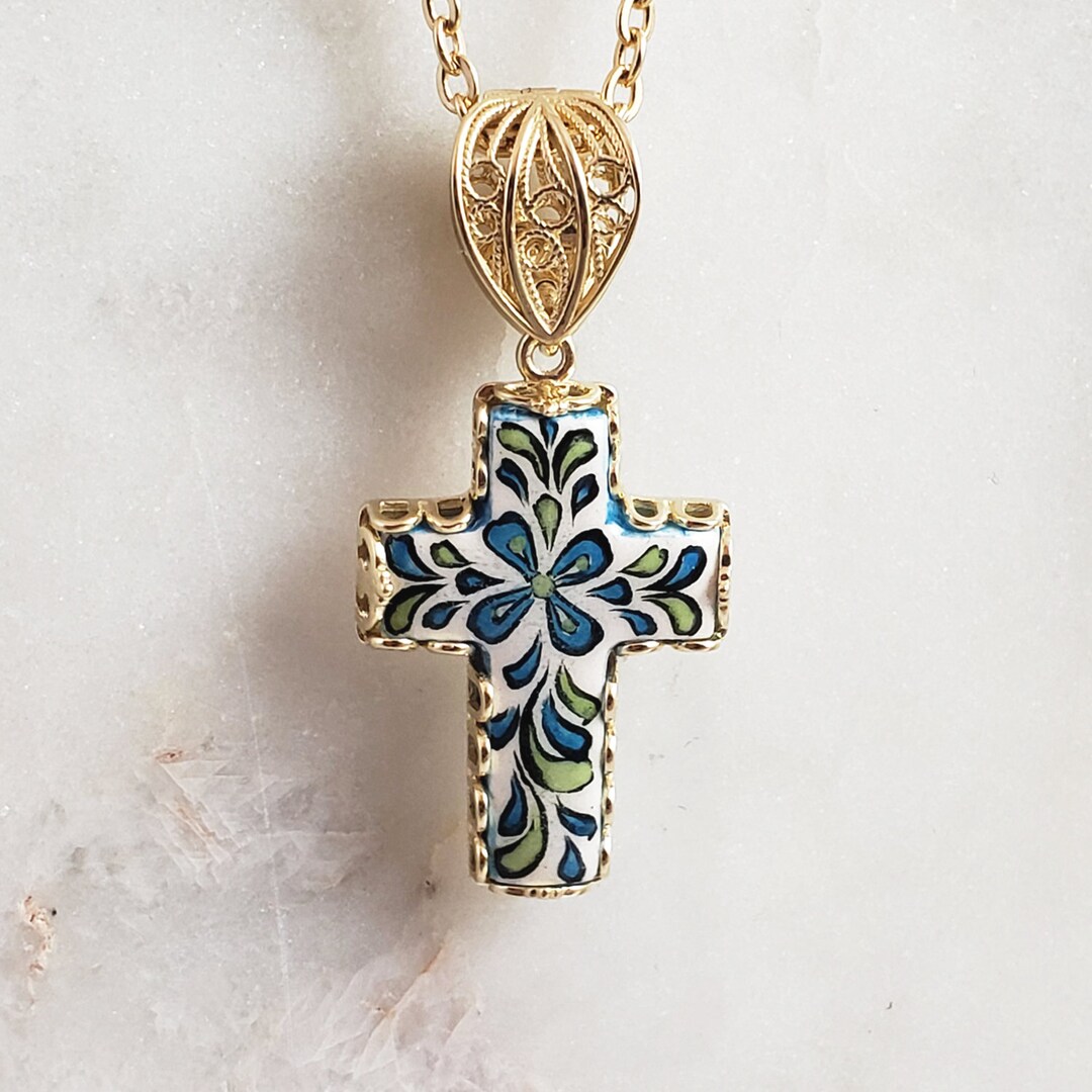Floral Motif Hand Painted Ceramic Cross Pendant, Cross Blue Floral ...