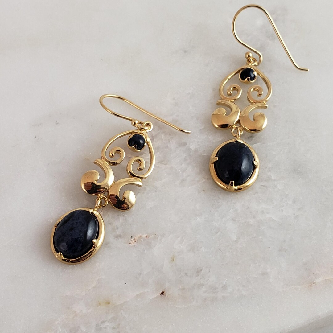 Gold Scroll Drop Earrings With Black Onyx or Blue Dumortierite ...