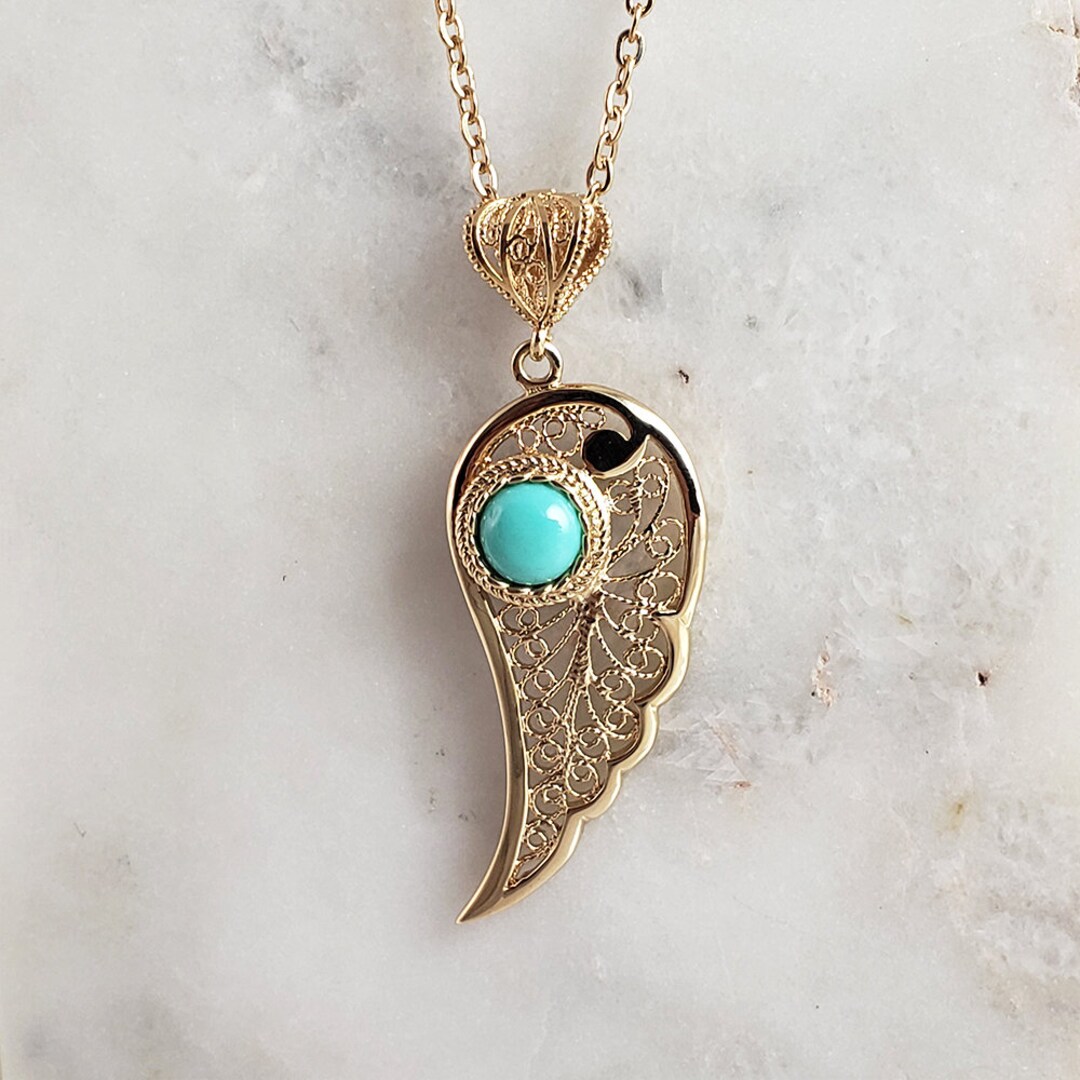 Real Turquoise 18K Gold Wing Pendant, Filigree Jewelry, Plated Gold ...