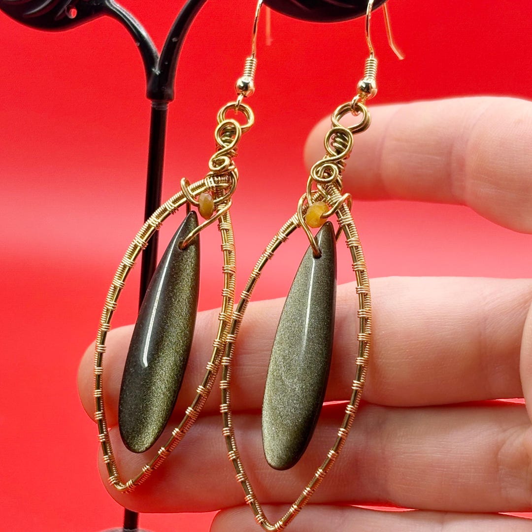 Gold Sheen Obsidian Natural Stone Statement Earrings Elegant Gold Tone ...