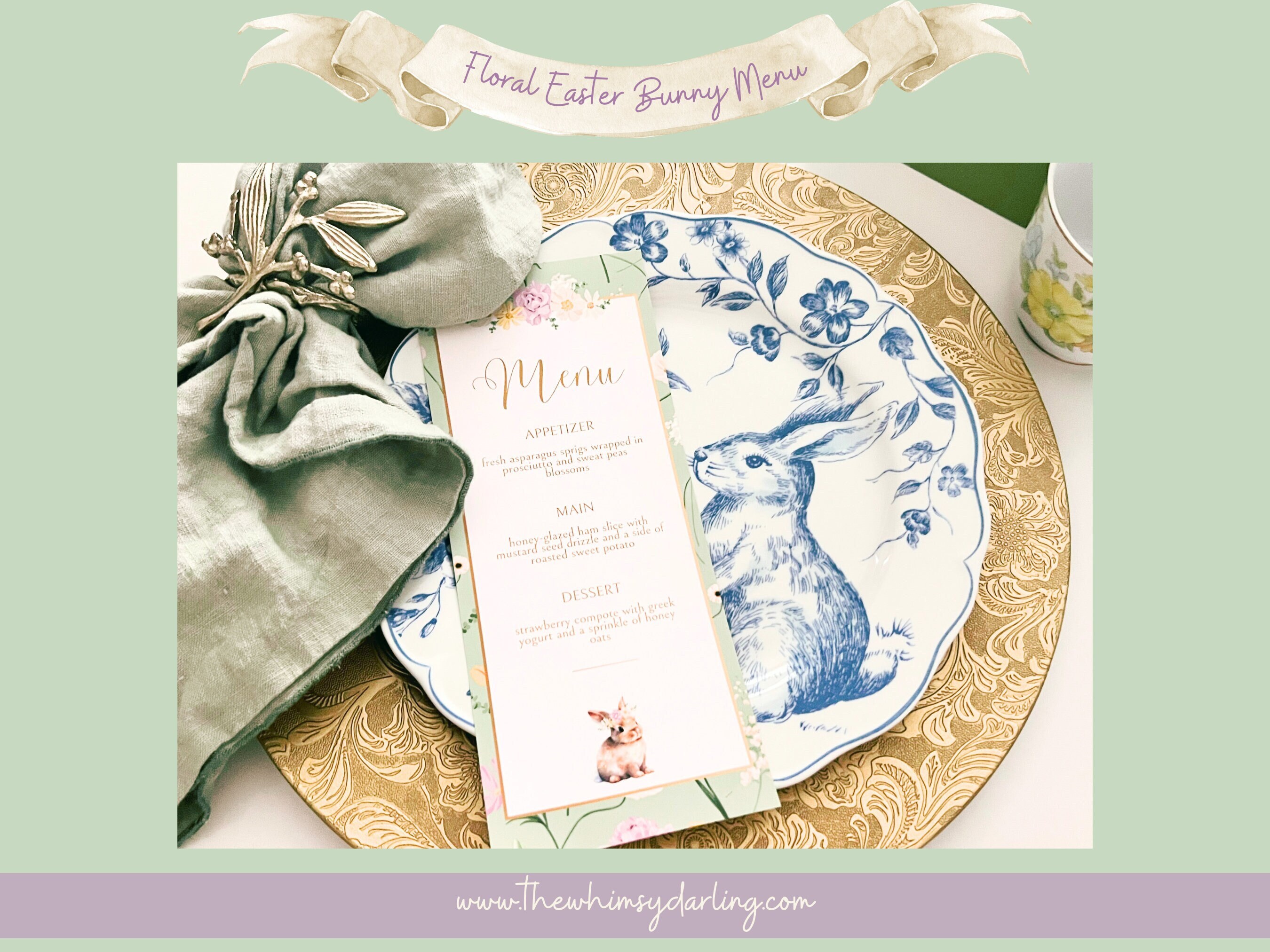 Printable Easter Bunny & Egg Menus, Floral Spring Brunch, Easter Party ...