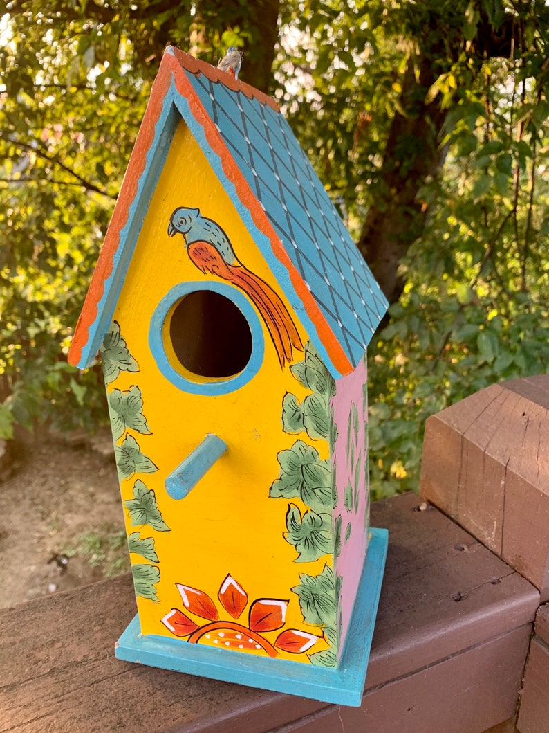 Hand Painted Yellow & Pink With Red Parrot Artisan Bird House - Etsy