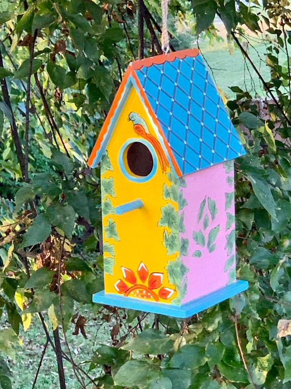 Hand Painted Yellow & Pink With Red Parrot Artisan Bird House | Etsy