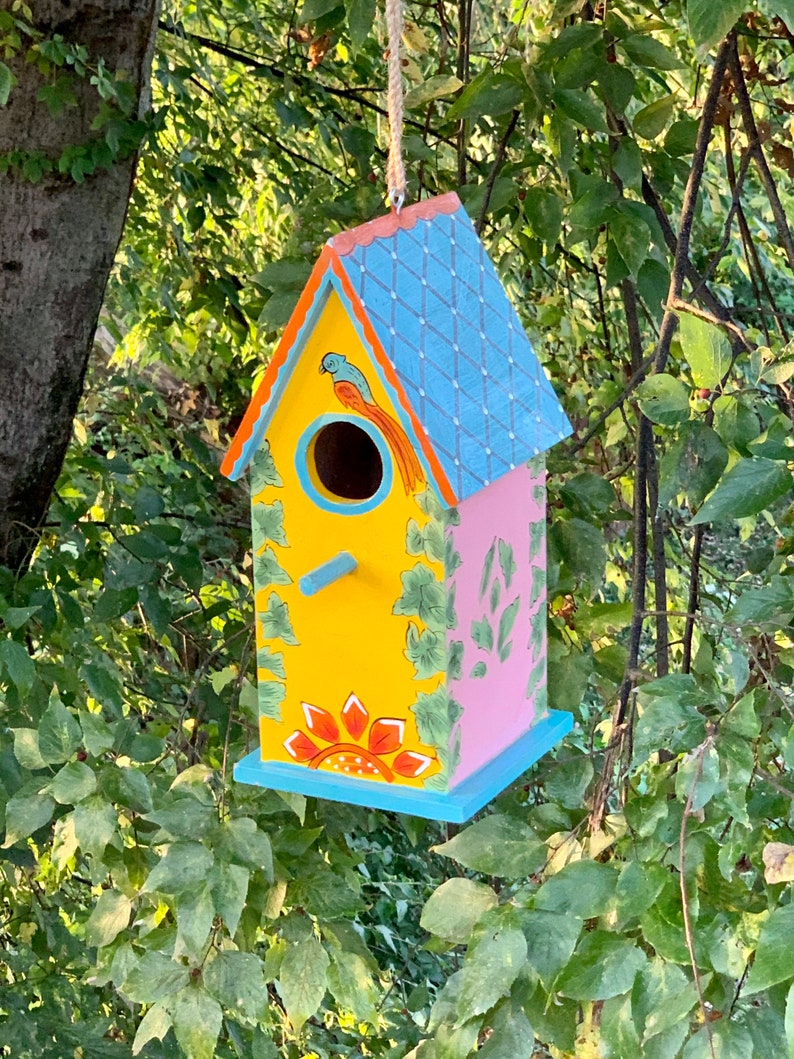 Hand Painted Yellow & Pink With Red Parrot Artisan Bird House - Etsy
